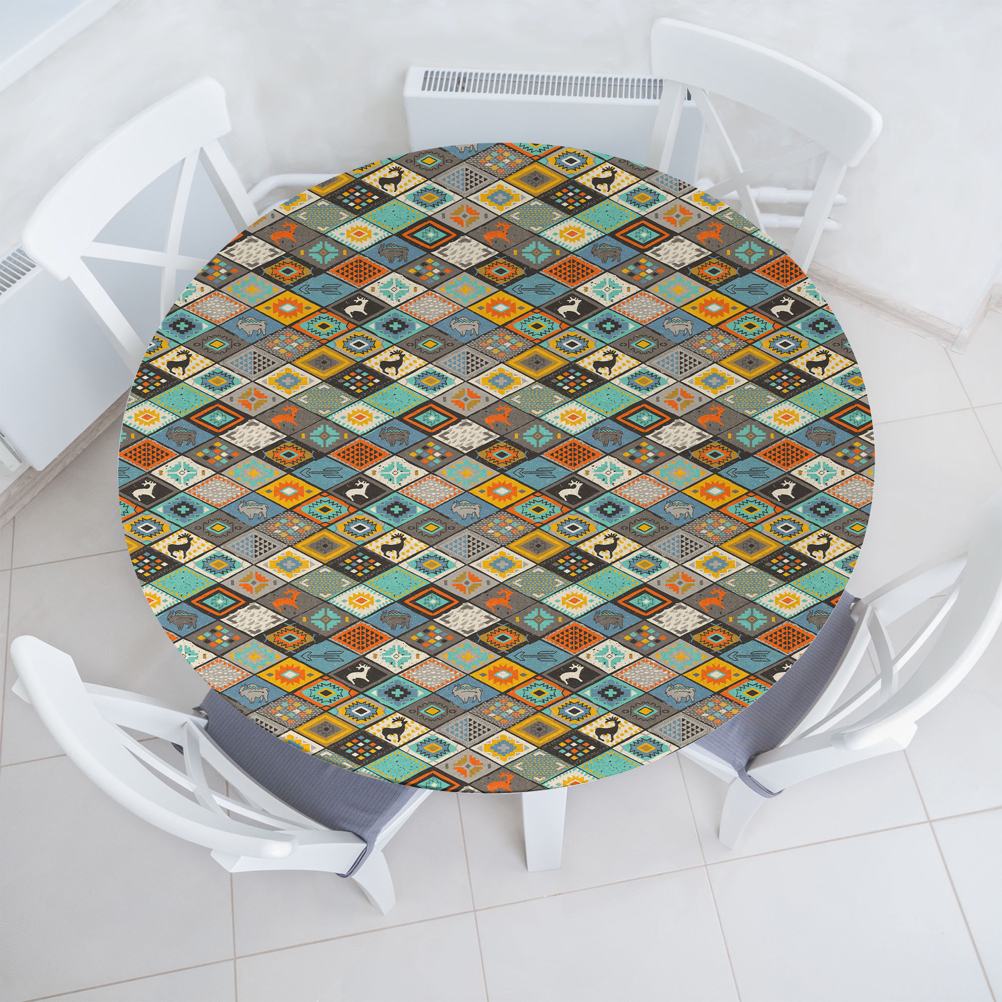 Union Rustic Prehistoric Fitted Round Tablecloth Diameter Multicolor ...