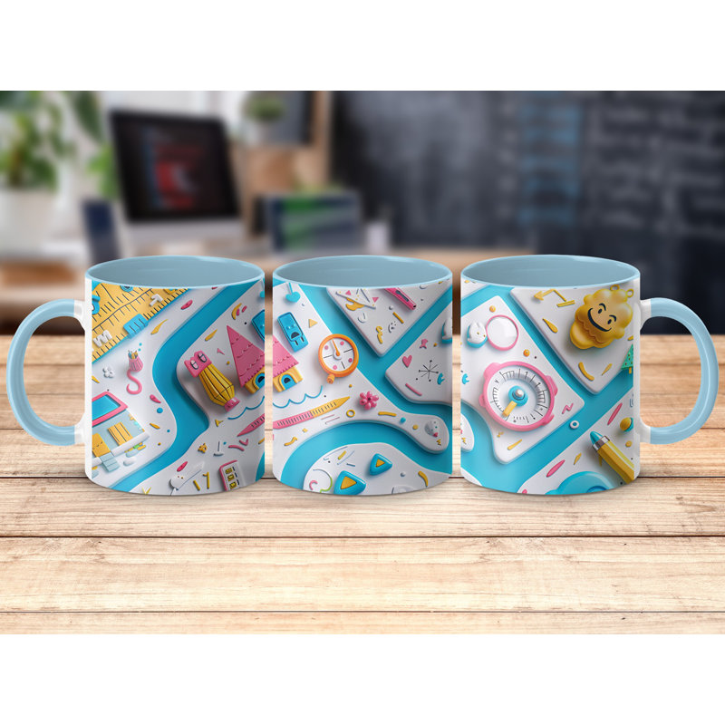 East Urban Home Kids Drawing Style 11oz Accent Mugs – White Ceramic ...