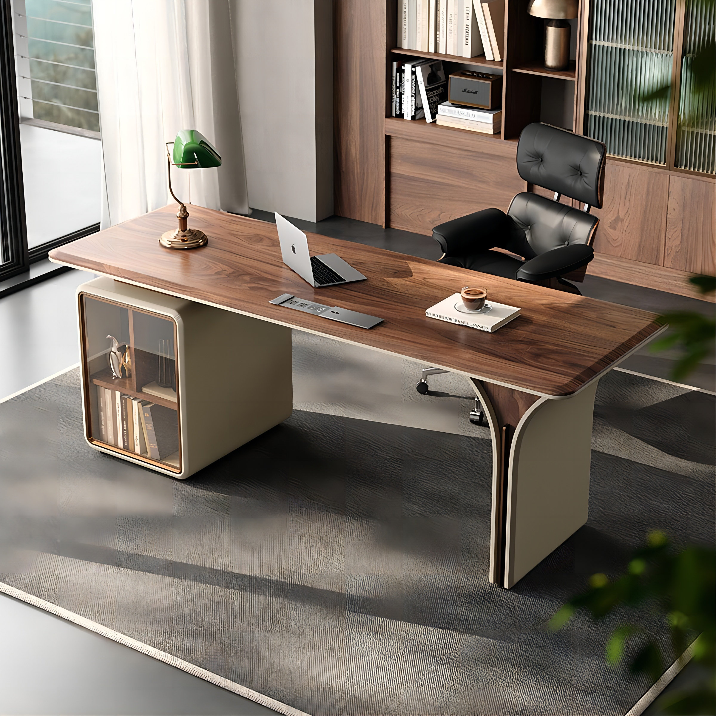 Hokku Designs Brown Solid Wood Rectangular Walnut Veneer Desk,3-drawer ...
