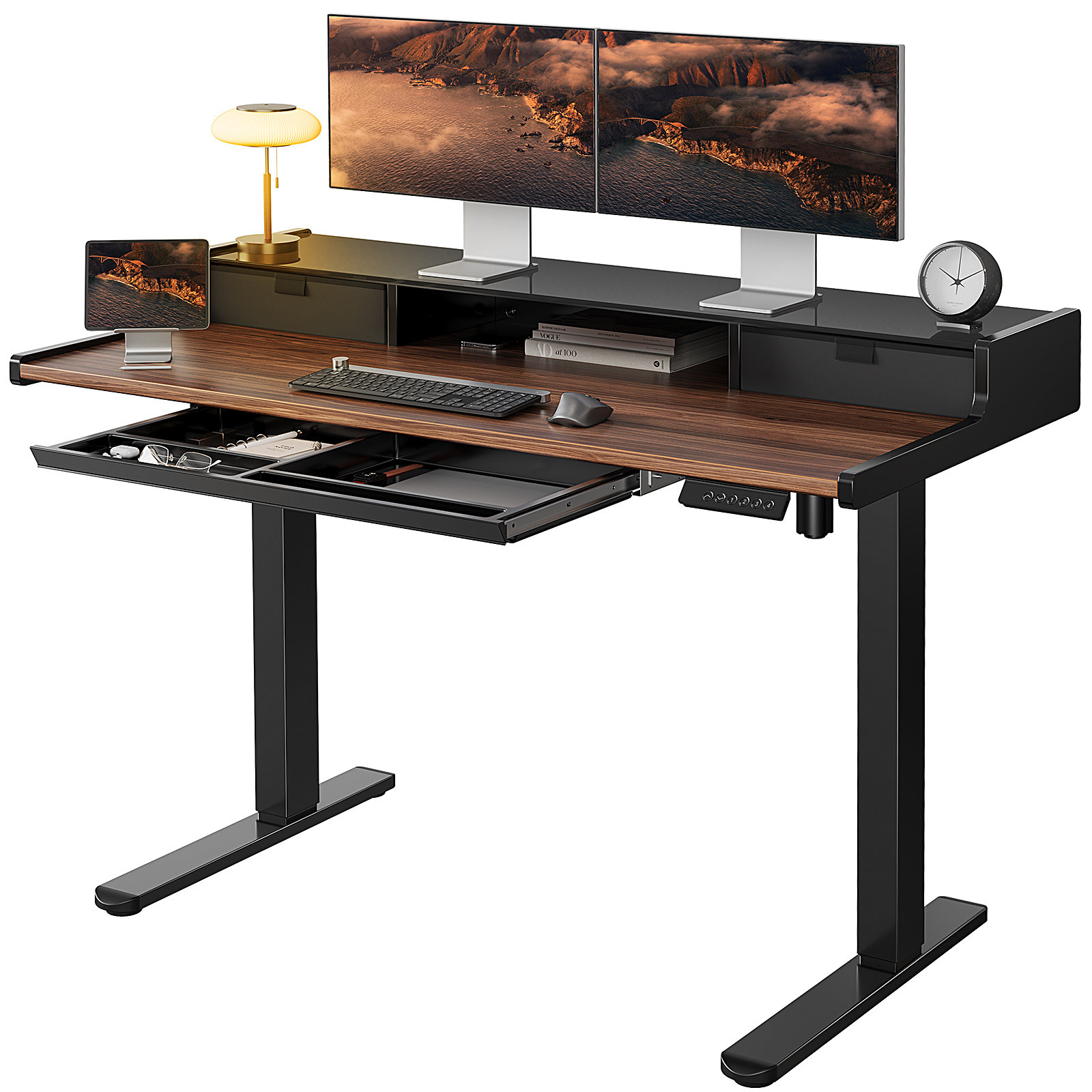 Inbox Zero Nissman Glass Height Adjustable Desk With Drawers For Home ...
