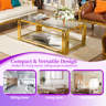 Ivy Bronx Rectangle Glass Coffee Table with Asymmetrical Metal Frame ...