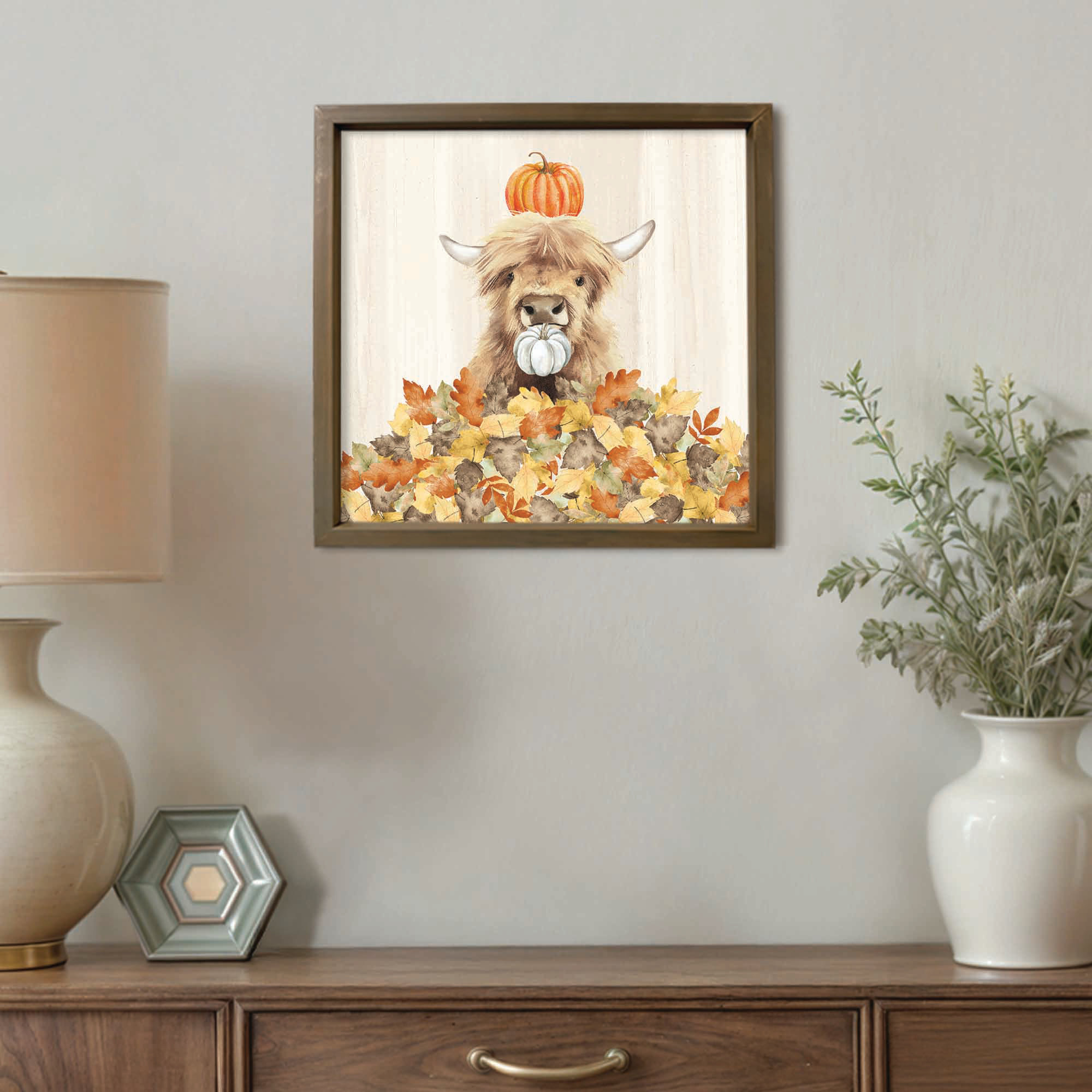 Trinx Autumn Cow Leaf Pile Framed Print | Wayfair