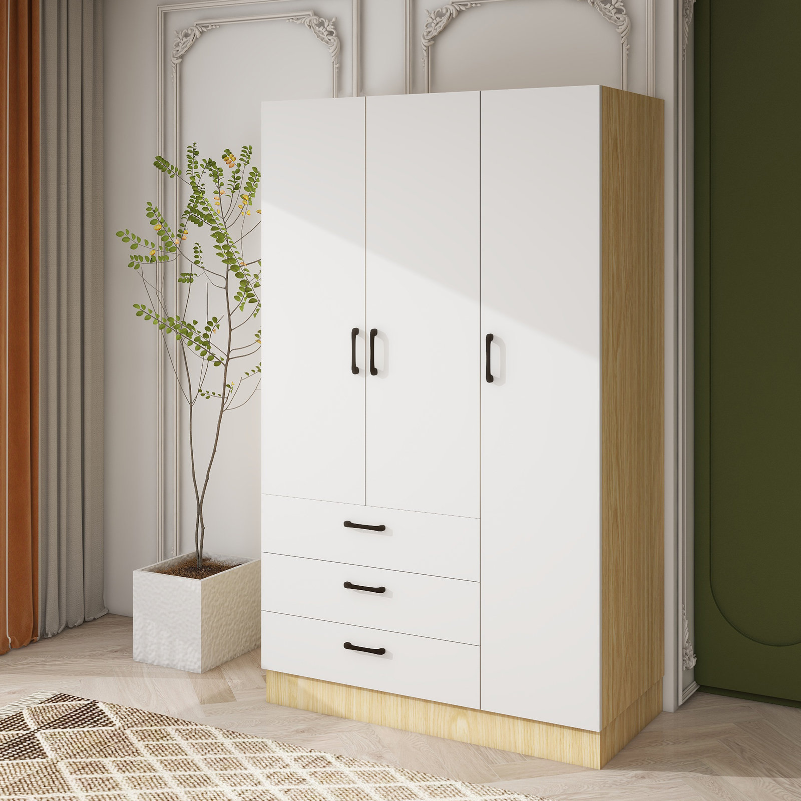 Latitude Run® 3 Door Wood Wardrobe Armoire, Multiple Drawer and Shelves ...