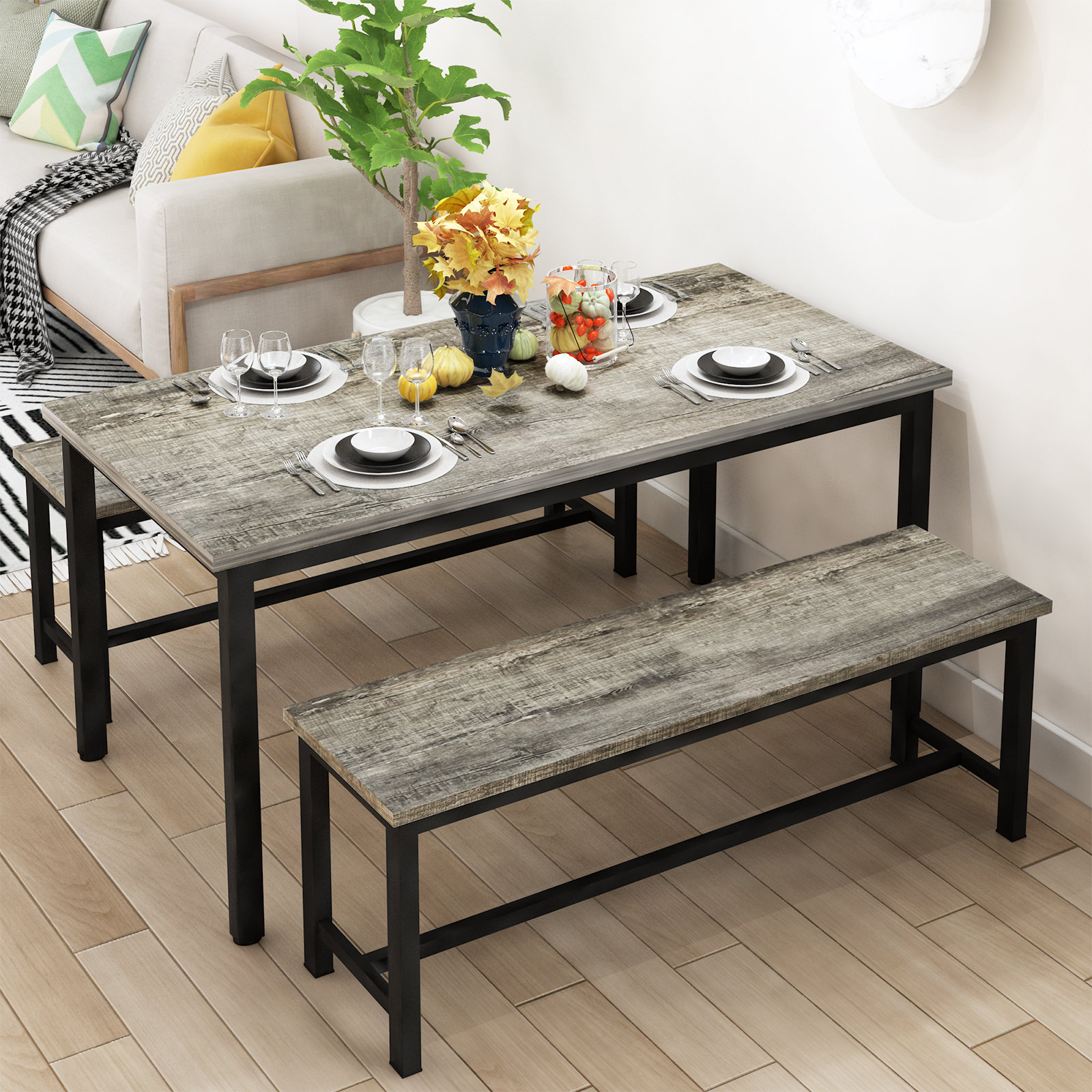 Wrought Studio™ Rectangle Dining Table With 2 Benches Set, Retro ...