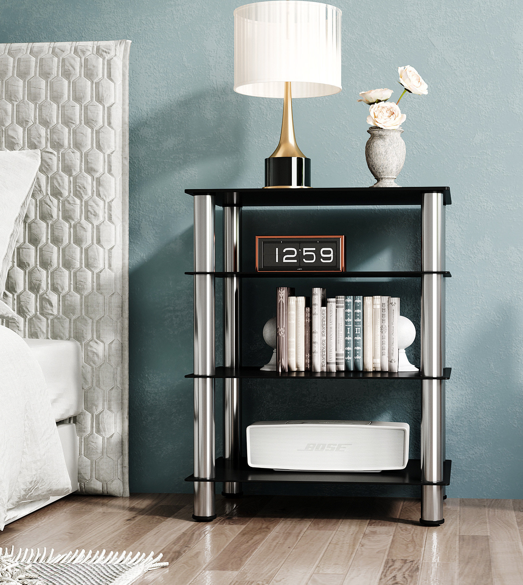 Orren Ellis Modern Audio Rack With 4 tier Glass Shelf and LED Light ...