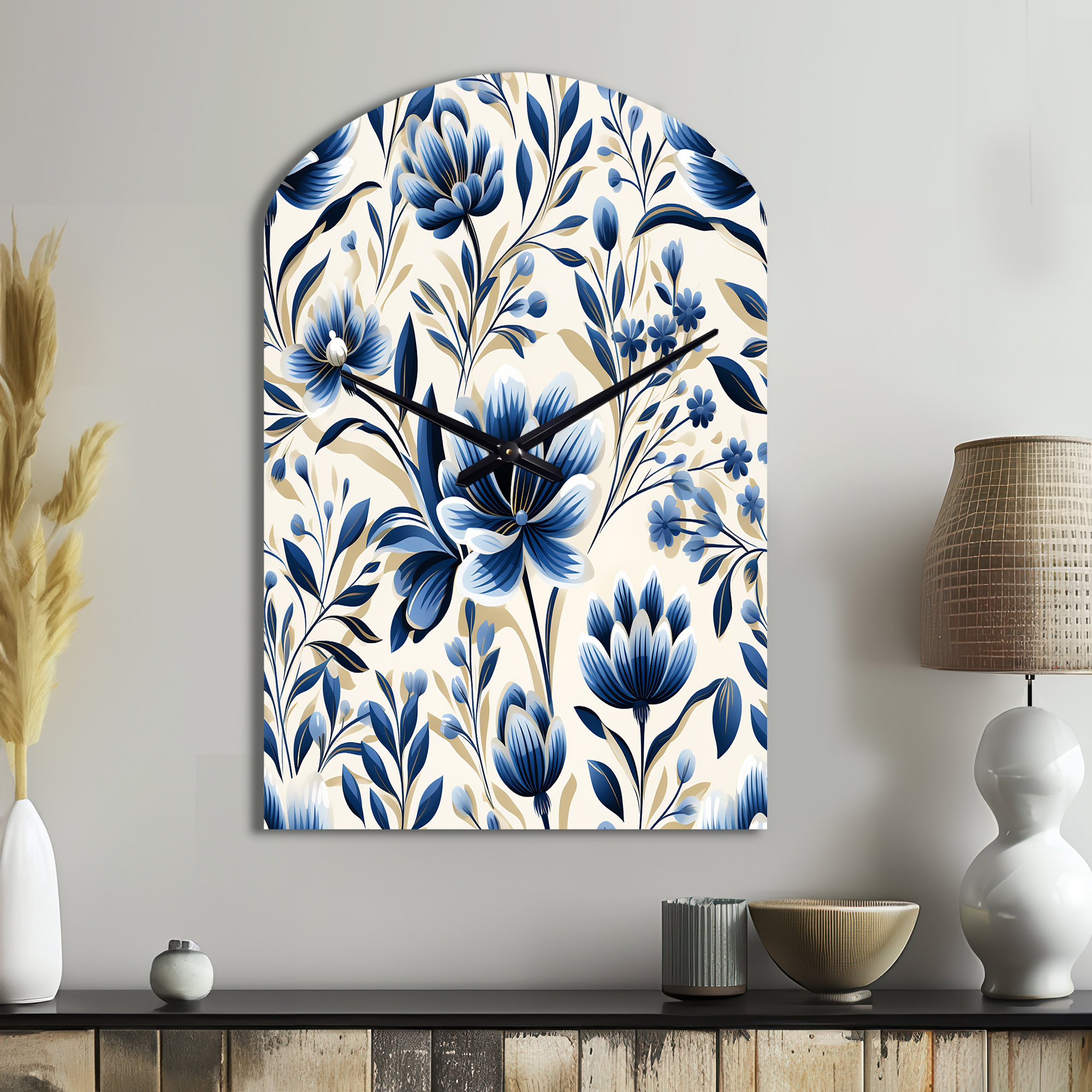 Design Art Blue And White Damask Flower - Arch Shape Blue Wall Clock - Unique Shape | Wayfair