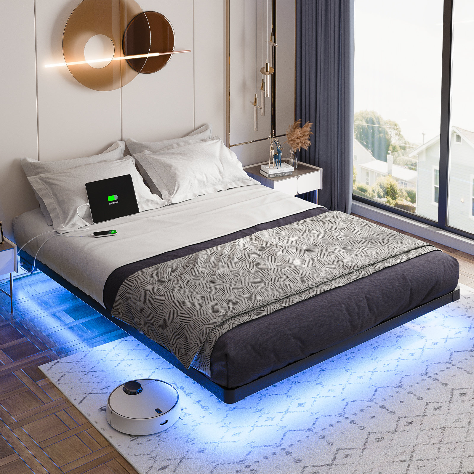 Latitude Run® Kathrene Floating Bed Frame with LED Lights and Charging ...