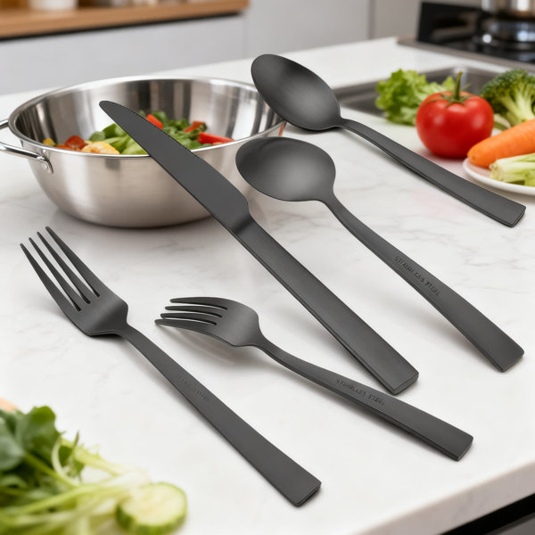 Ivy Bronx 40-Piece Square Flatware Set For 8, Modern Stainless Steel ...