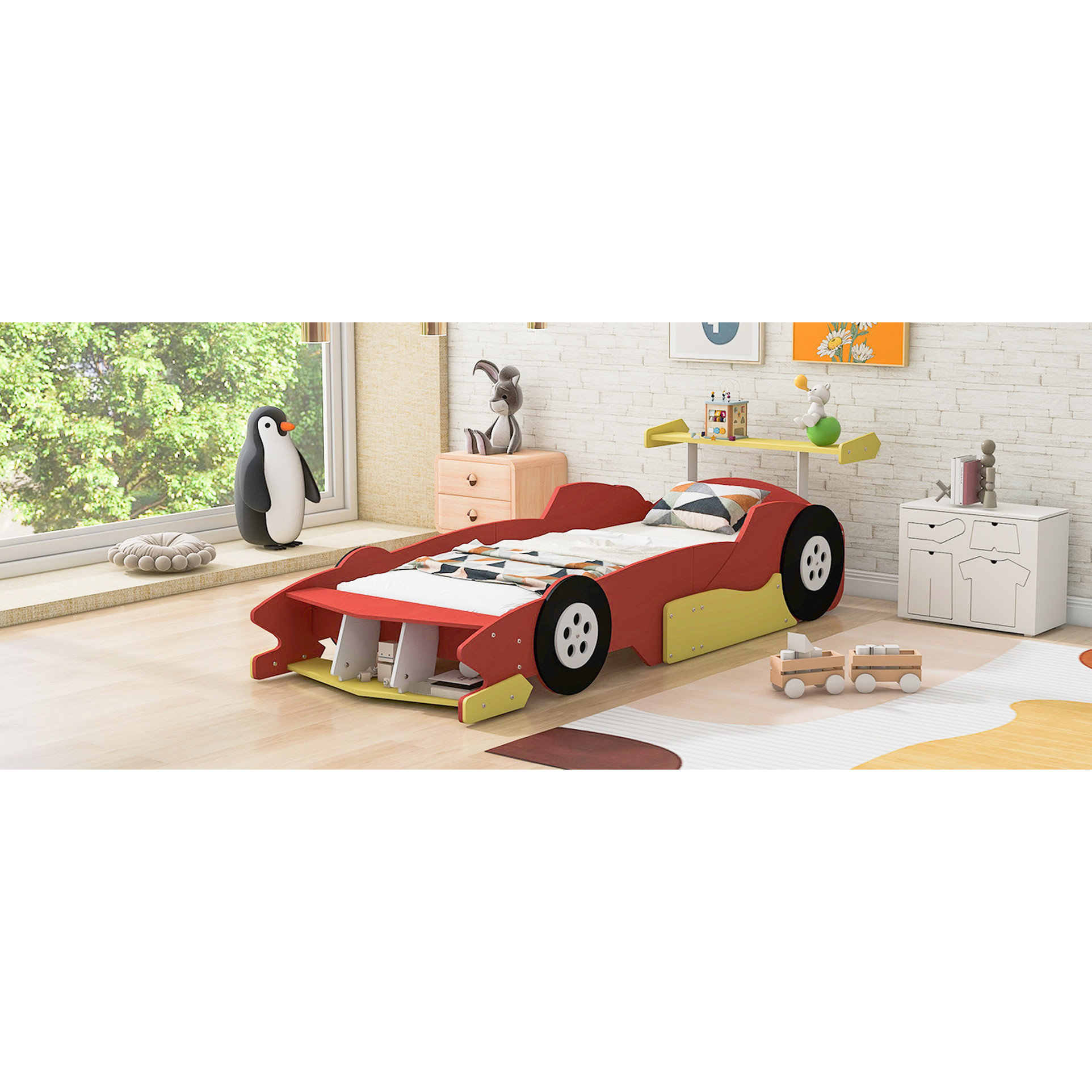 Latitude Run® Full Size Race Car Bed With Wheels In Black. Construction ...