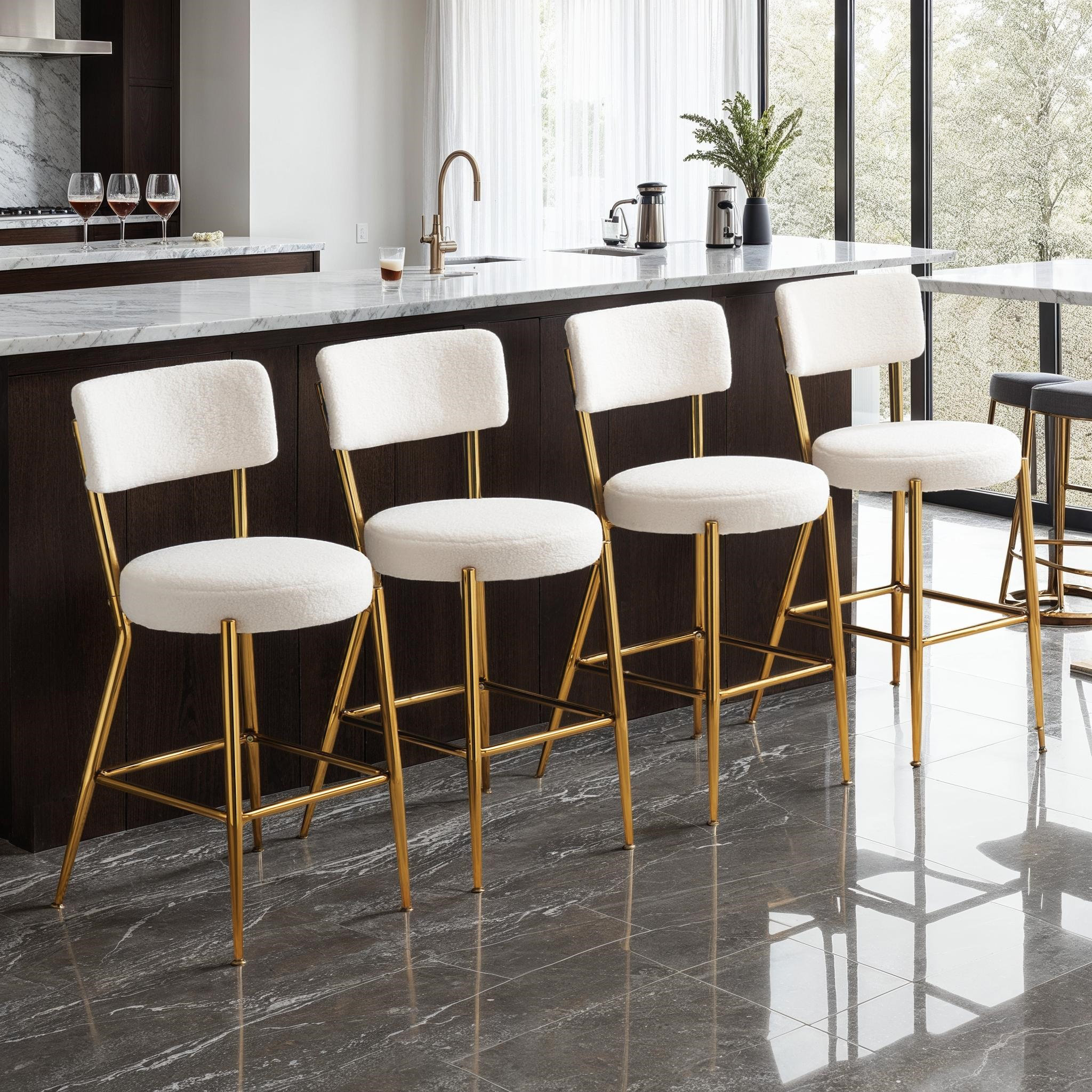 Everly Quinn Set of 4 Teddy Fabric Upholstered Bar Stools – Comfortable ...