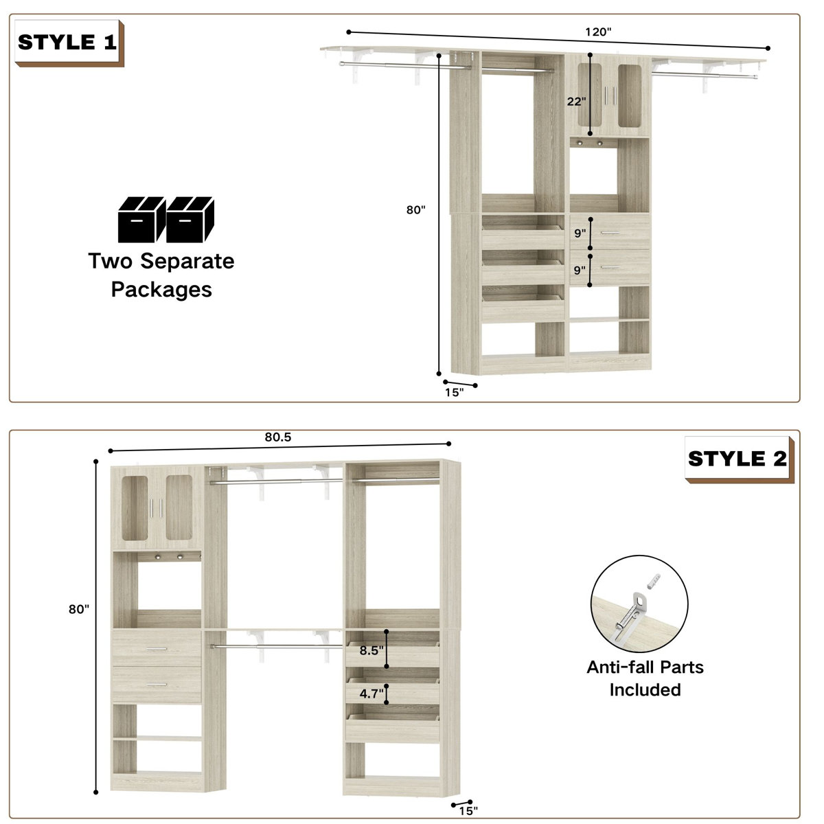 Rebrilliant 80"-120" Closet System With Door And Wooden Drawers ...