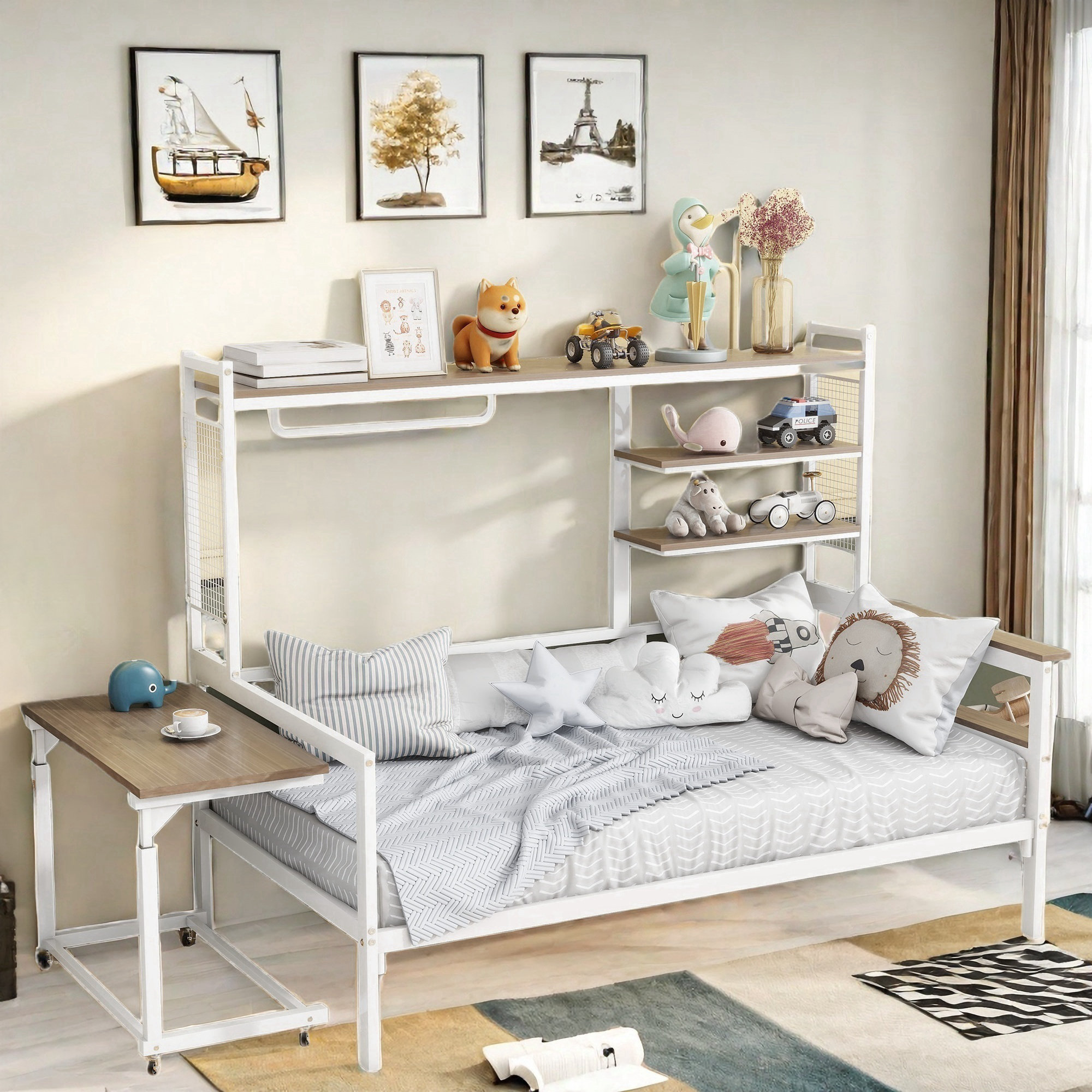 17 Stories Finnleigh Daybed With Movable Desk, Metal Grid, Shelves And ...
