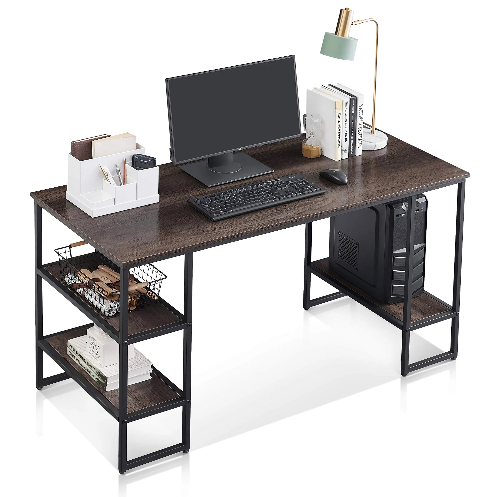 Inbox Zero Leyan 25'' W Rectangle Computer Desk with 3-Tier Shelves ...