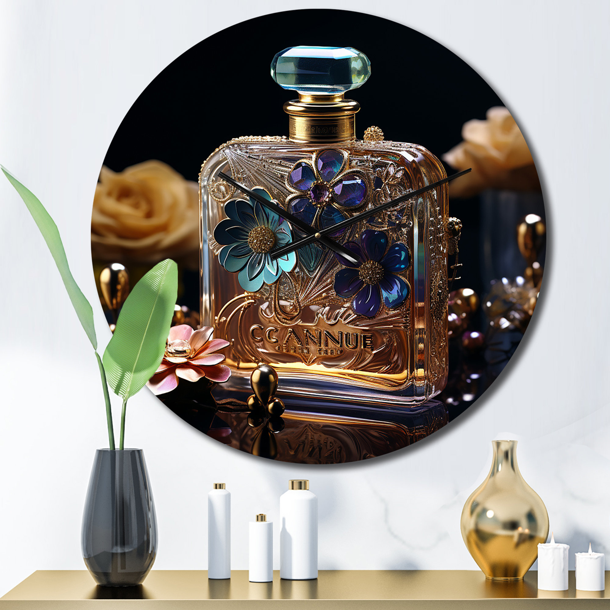 Design Art Retro Perfume Bottle With Blossoming Flowers II Metal Wall ...