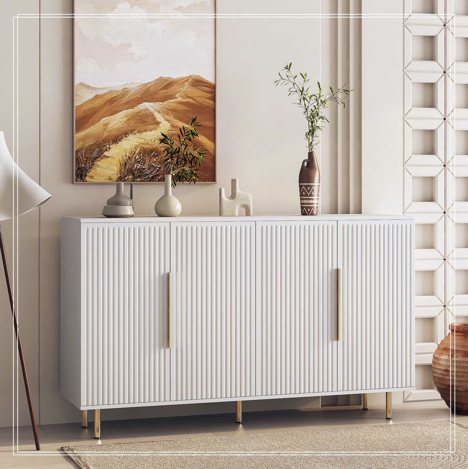 George Oliver White Modern Buffet Cabinet with Storage, Fluted ...