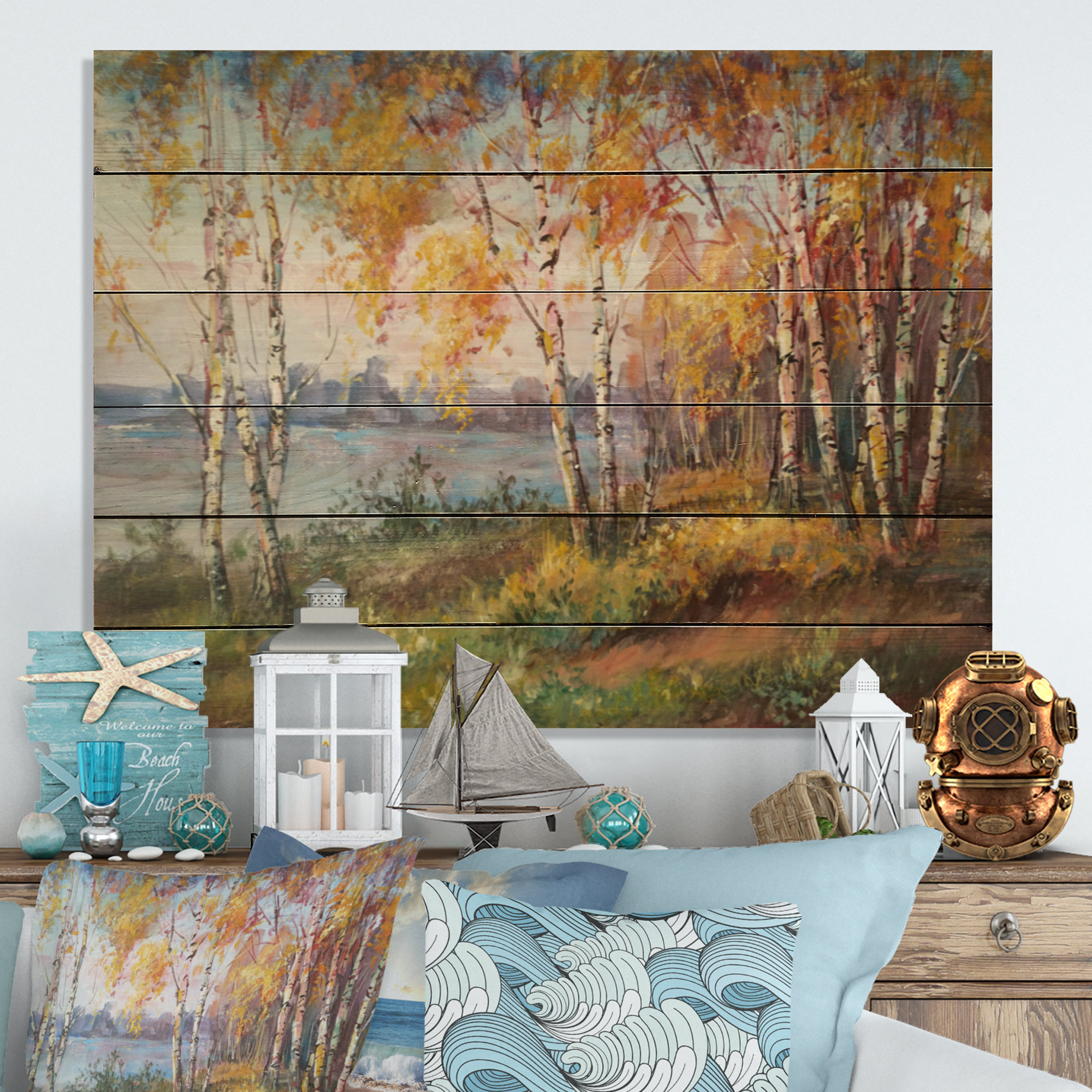 Millwood Pines Autumn Birches Forest On River - Traditional Wood Wall ...