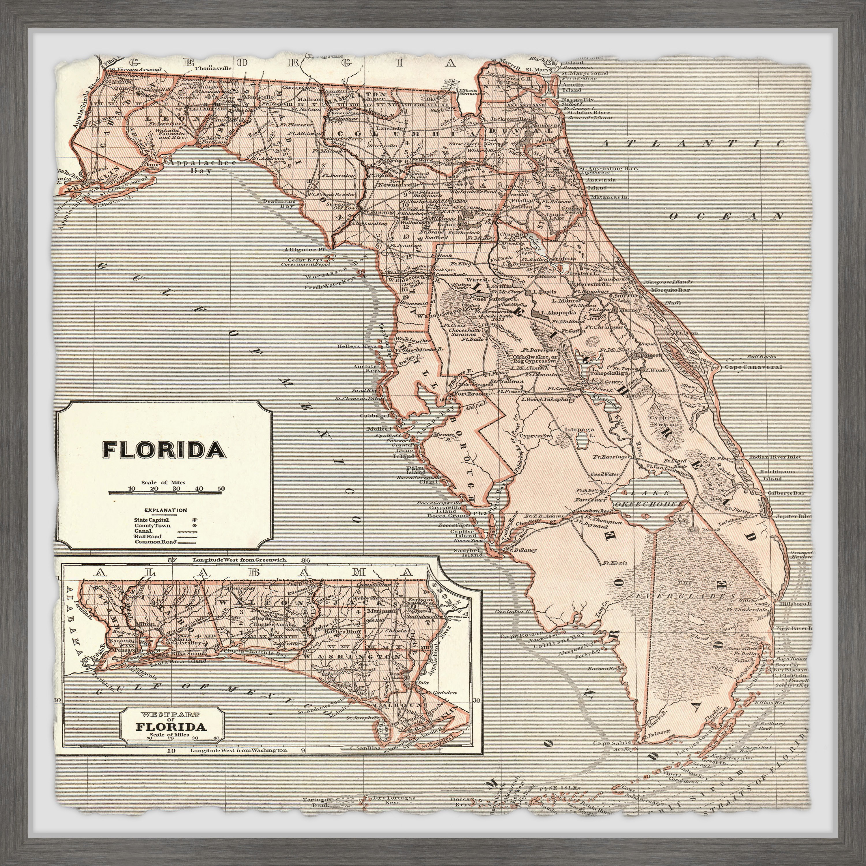 Williston Forge 1845 Atlas Map of Florida - Picture Frame Graphic Art ...