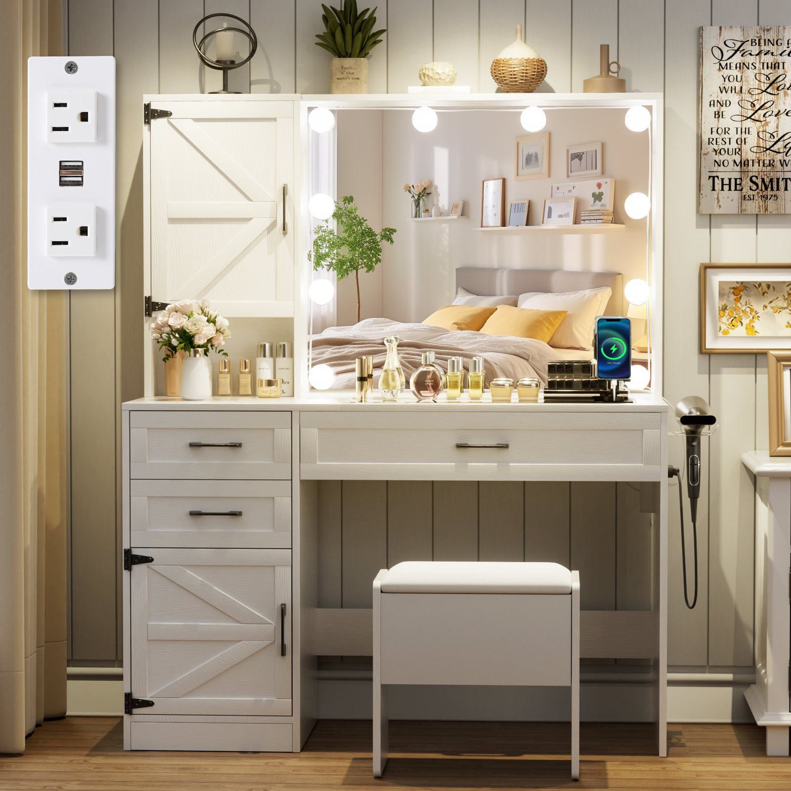 Ebern Designs Nastasha Vanity Set with Glass Top and Outlets & Reviews ...