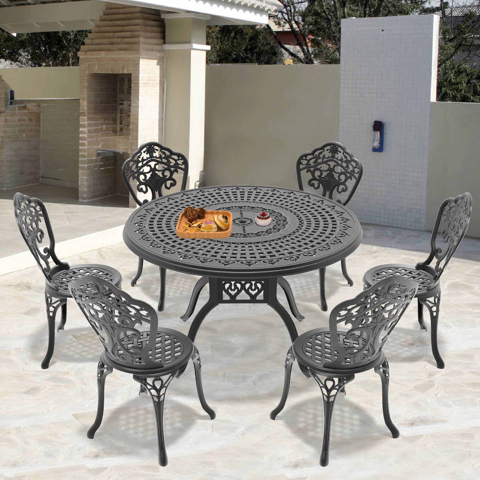 Bloomsbury Market 7-Piece 47.24-inch Round Table Outdoor Cast Aluminum ...