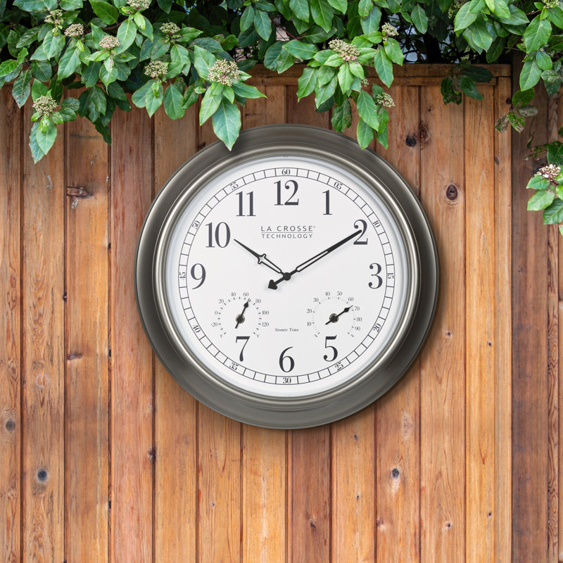 Winston Porter 18" Atomic Outdoor Analog Clock with Thermometer ...