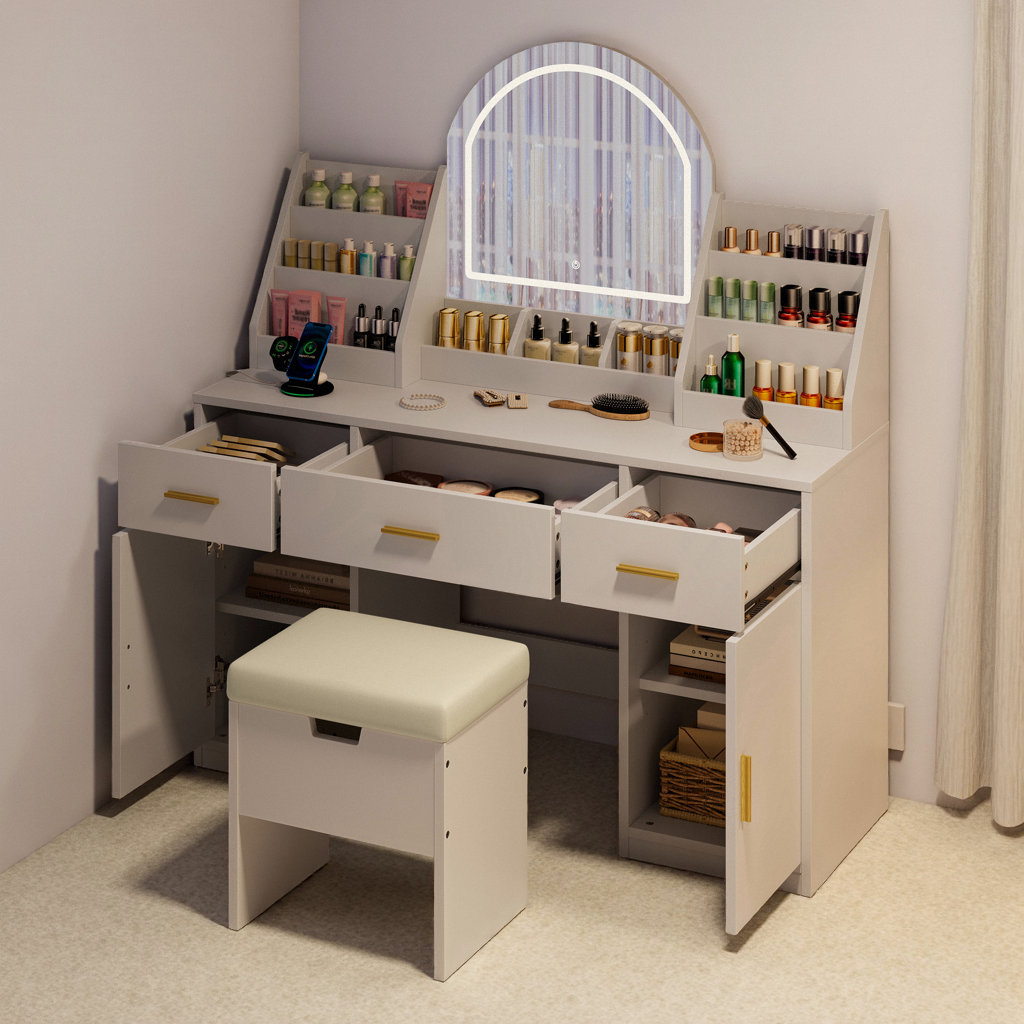 Ivy Bronx Glamorous 47" Makeup Vanity with LED Lights & Mirror, Large ...