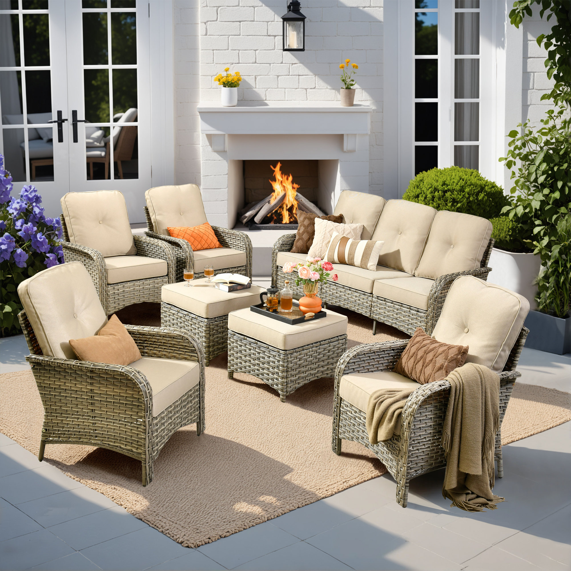 Lark Manor™ Heshum 7 Pieces Patio Furniture Set, Outdoor Wicker Sofa ...