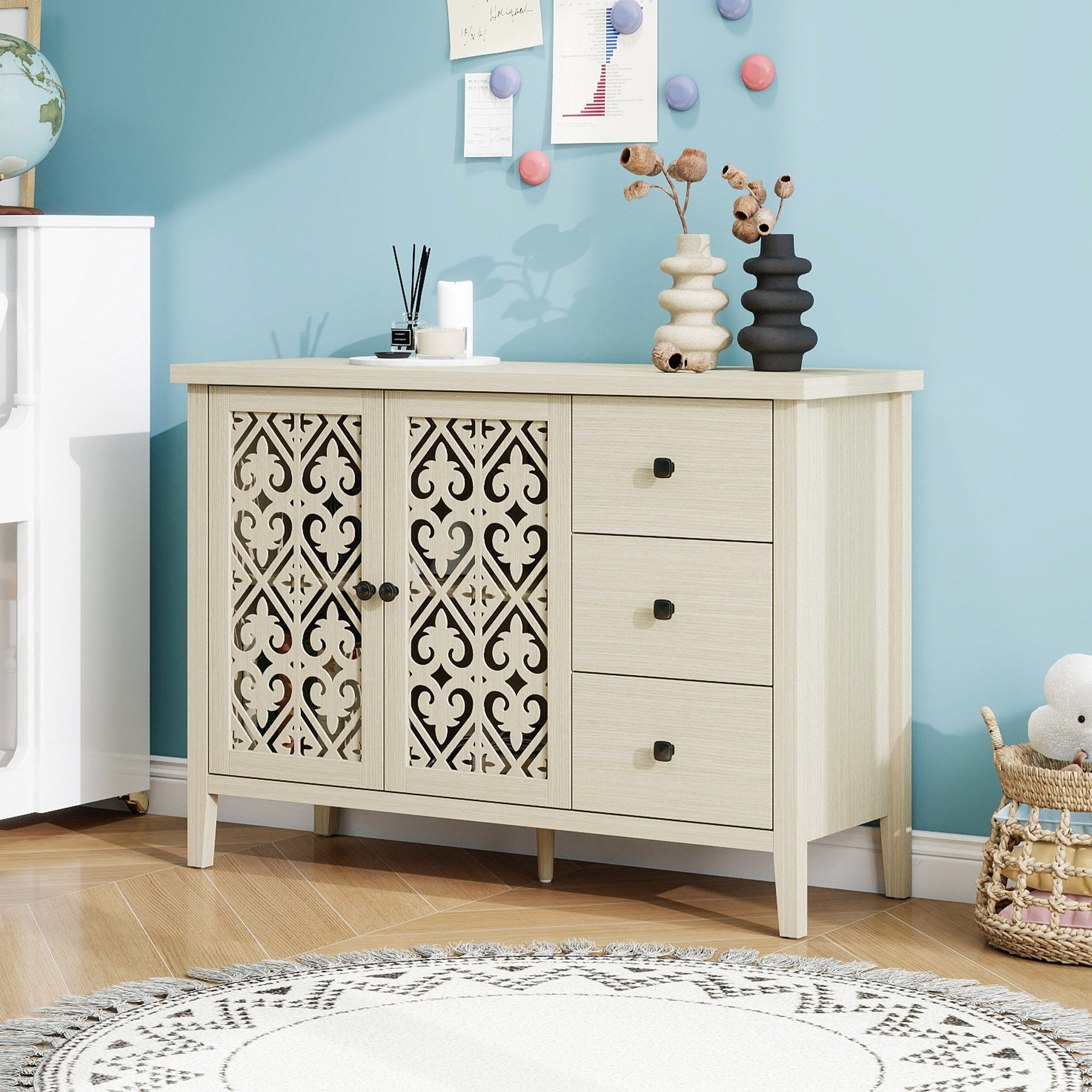 Charlton Home® Hollowed - Out Cabinet With 2 Doors 3 Drawers, American ...