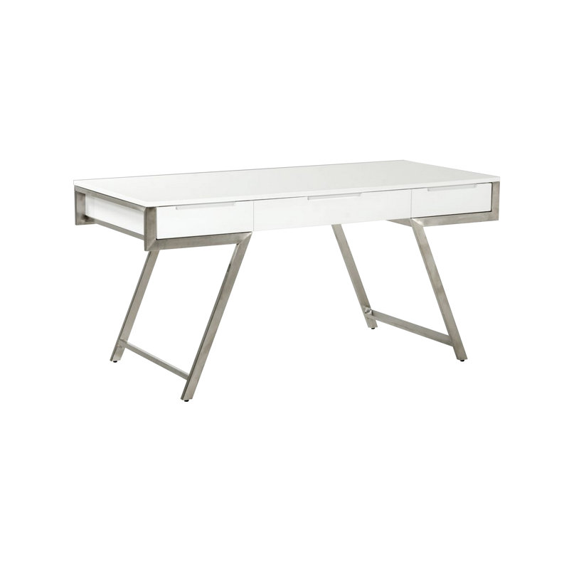 Benjara 63 Inch Office Desk With A Drawer, White Gloss Finish, Chrome ...