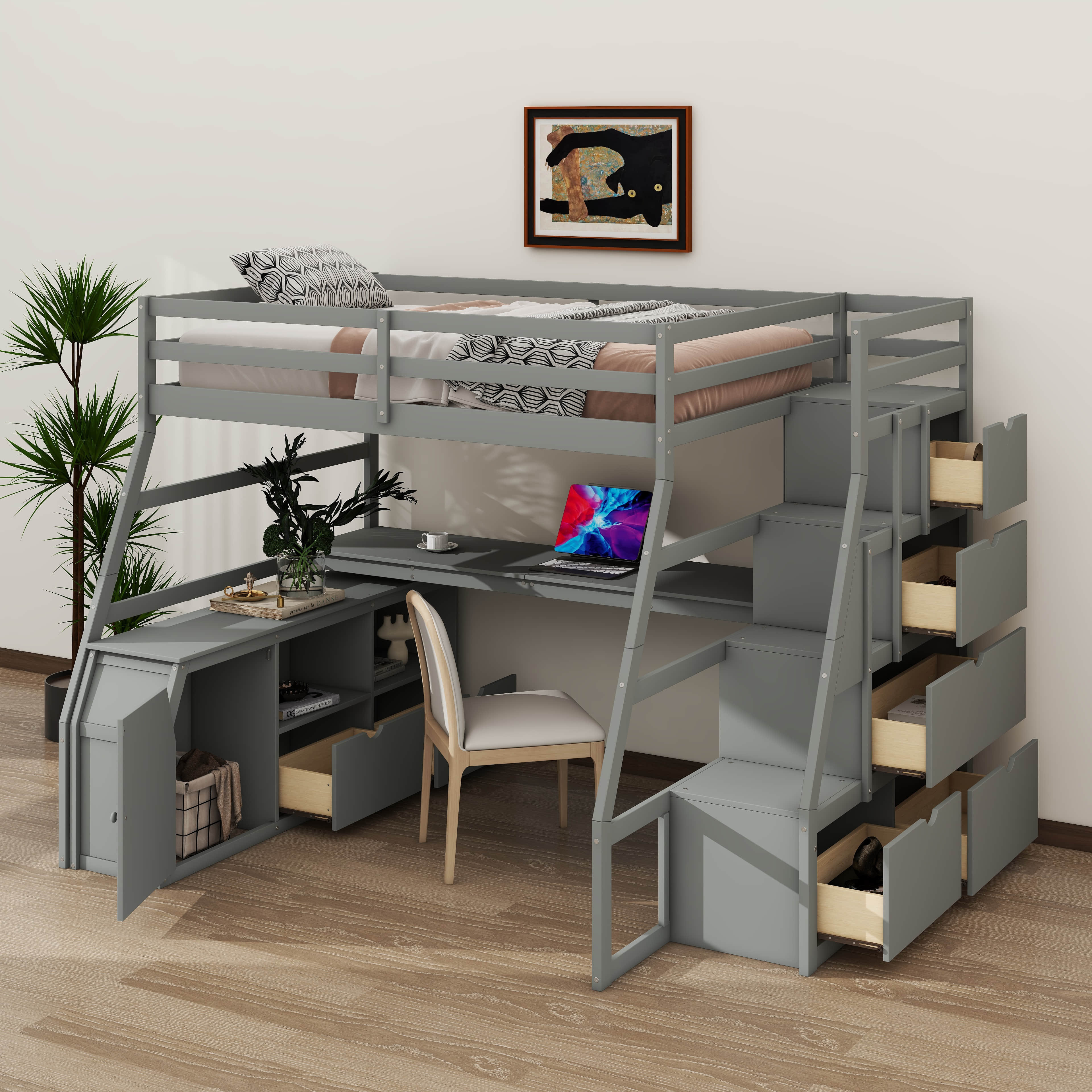 Latitude Run® Roomy Full-Size Elevated Loft Bed With 7 Drawers 2 ...