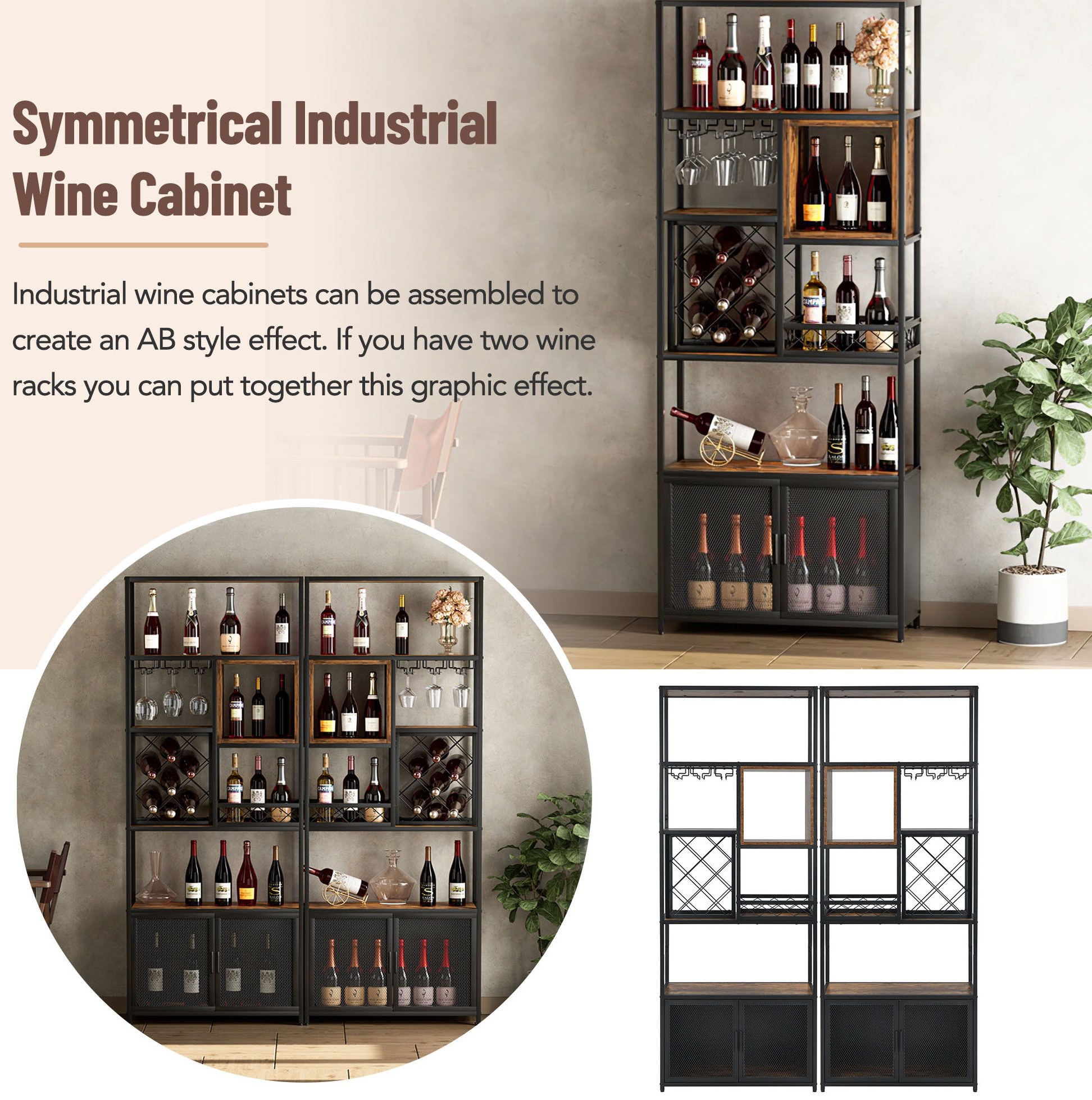 17 Stories 82.7"Industrial Tall Black Bar Wine Rack Cabinet with Glass ...