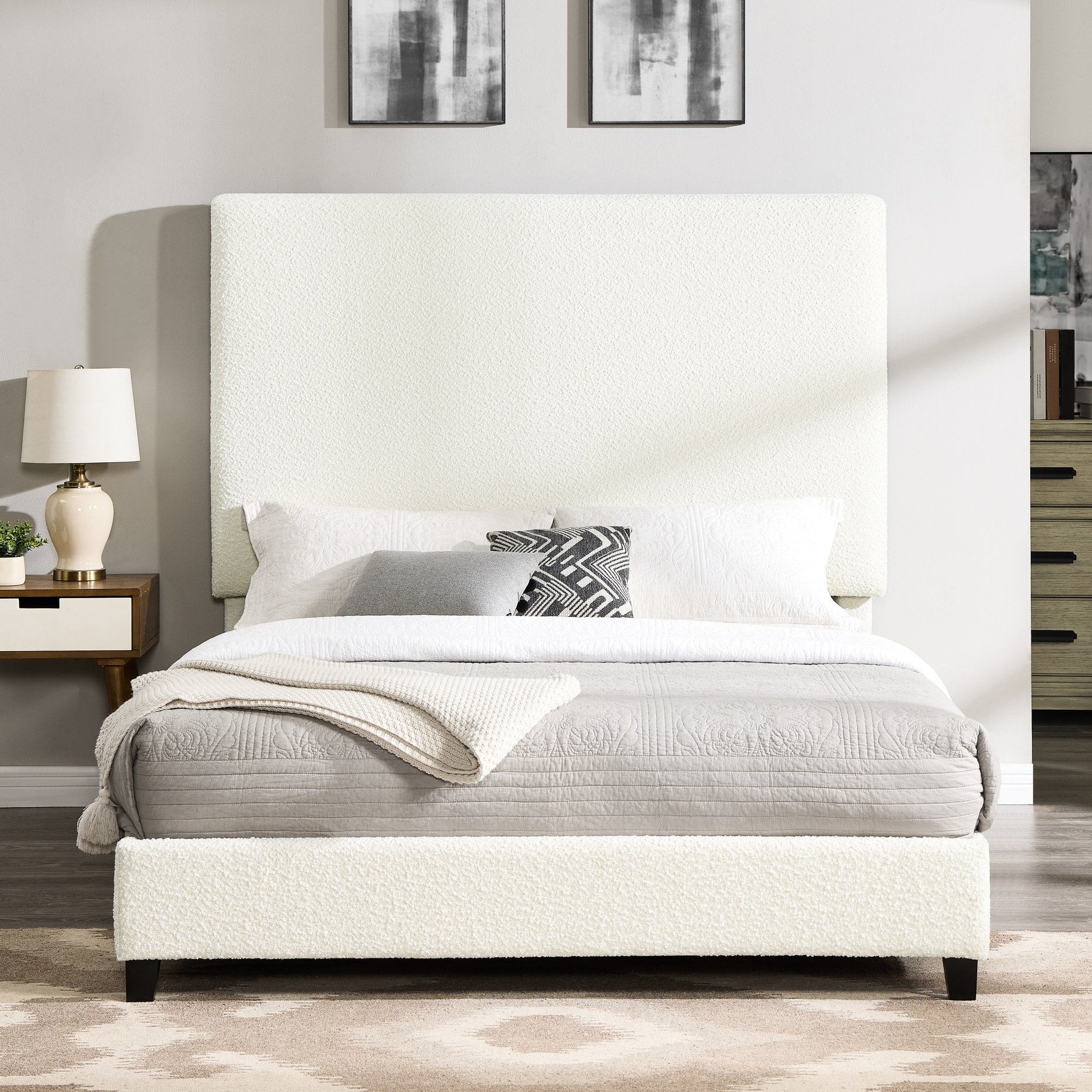 Latitude Run® White Boucle Upholstered Queen Bed - Supportive Plywood ...