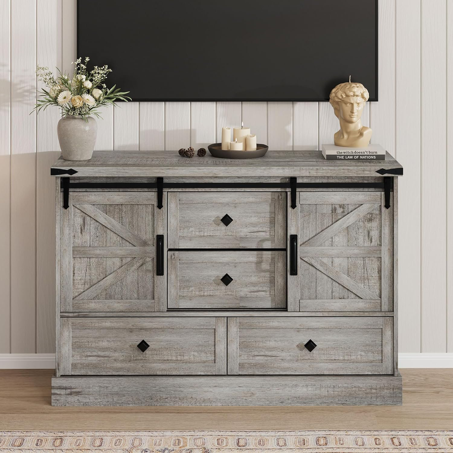 Gracie Oaks 45" Farmhouse 4 Drawer Dresser With Sliding Barn Doors ...