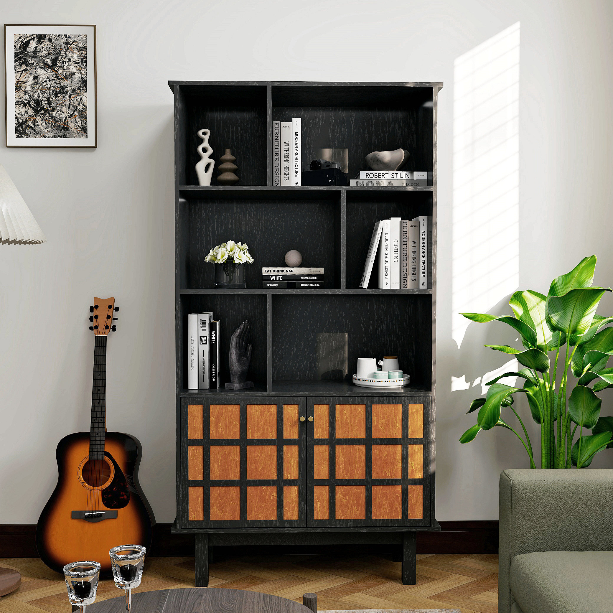 Ivy Bronx Bookcase With Cabinet, Bookshelf With Doors, Black&Honey ...
