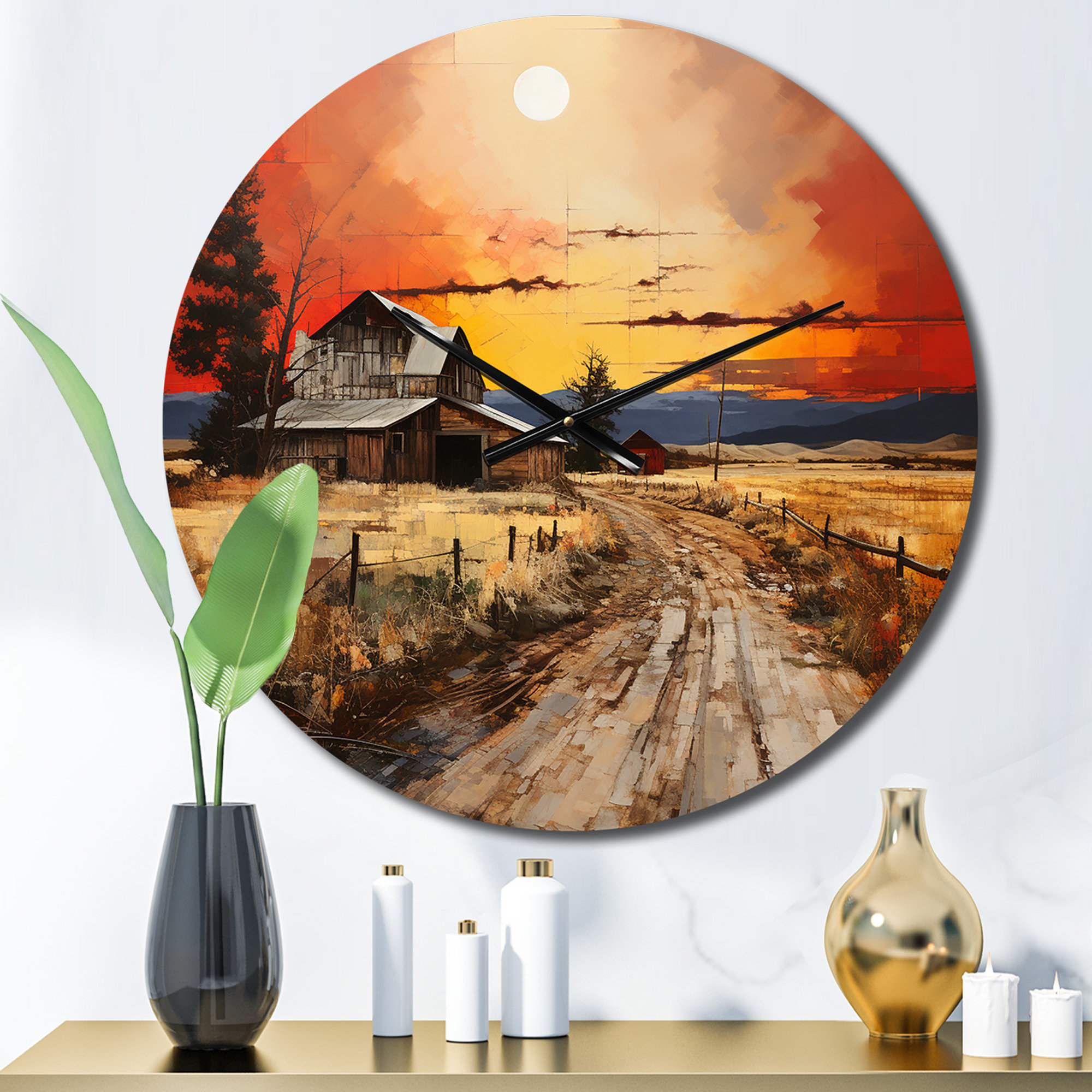 East Urban Home Barns Rural Dot Art I - Countryside Wall Clock | Wayfair