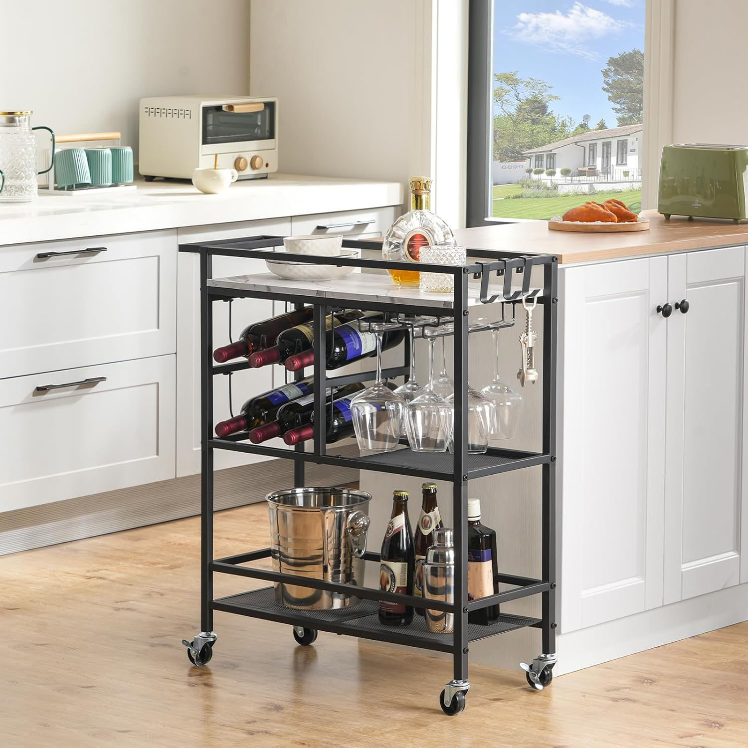 17 Stories Wine Rack And Glass Holders, Rolling Wine Cart For Kitchen ...