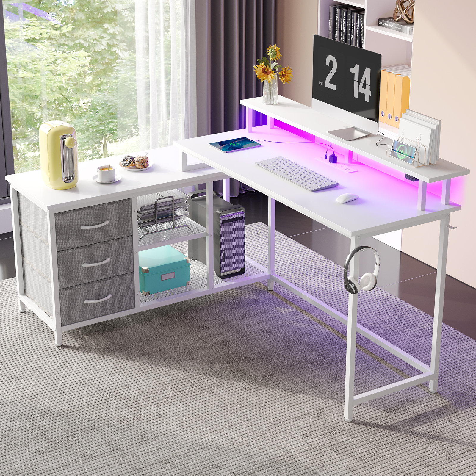 Wrought Studio™ L Shaped Desk with RGB LED Lights & Outlets, Reversible ...