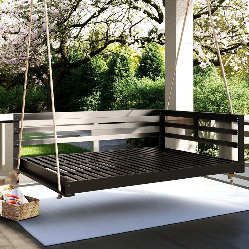 Ebern Designs Full Size Acacia Wood Porch Swing Bed with Hemp Ropes ...