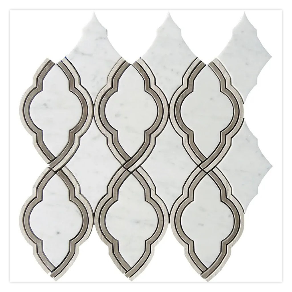 Apollo Tile Elysian 14 x 14 Bianco Carrara, Wooden and Athens Grey Marble Arabesque Tile (7 Sq ...