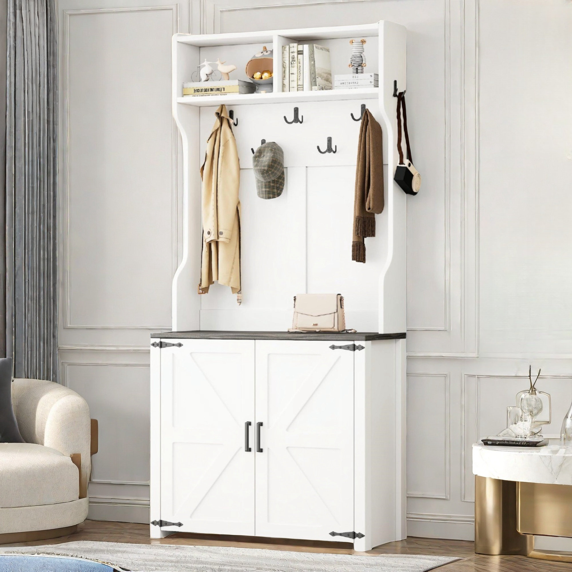 Gracie Oaks Farmhouse 4-in-1 Hall Tree With Barn Doors, Coat Rack ...