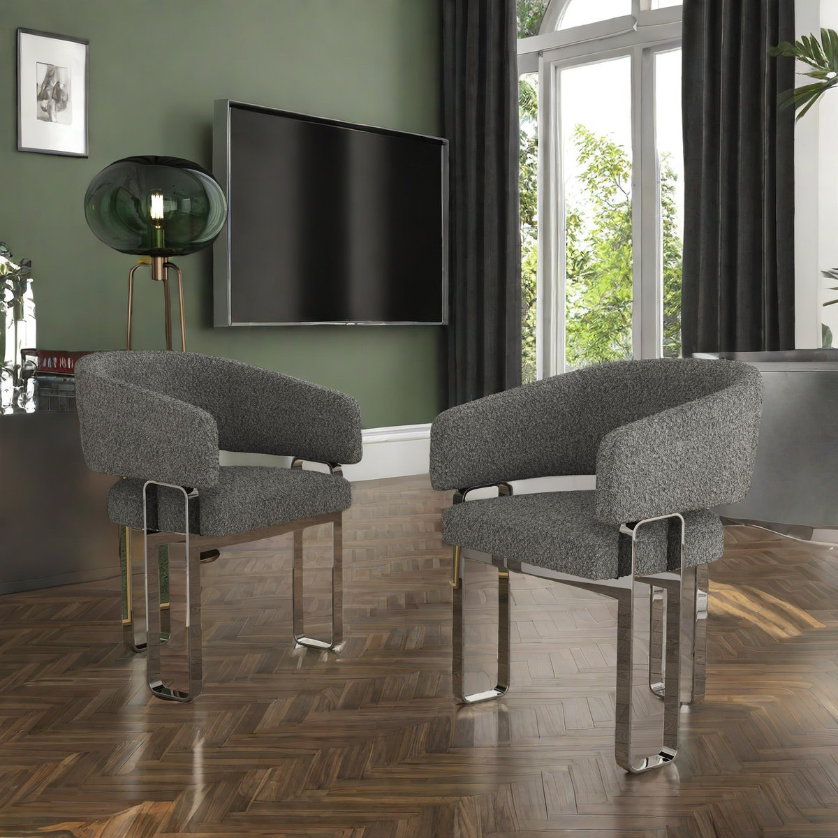 Ivy Bronx Boucle Dining Chair, Grey Barrel Dining Chair With Arms ...