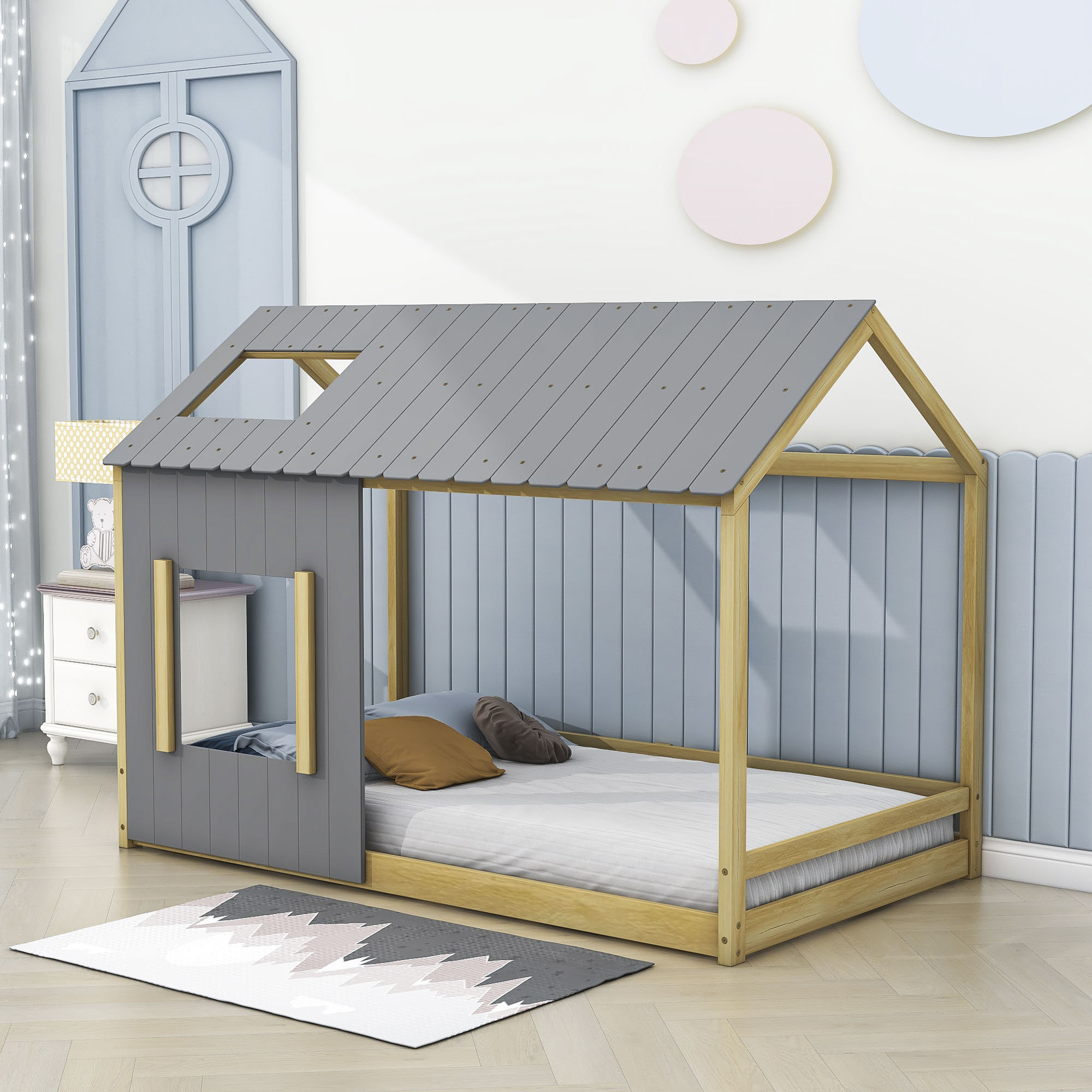 Gracie Oaks Xhensila Twin Size Wooden House Bed with Roof and Window ...