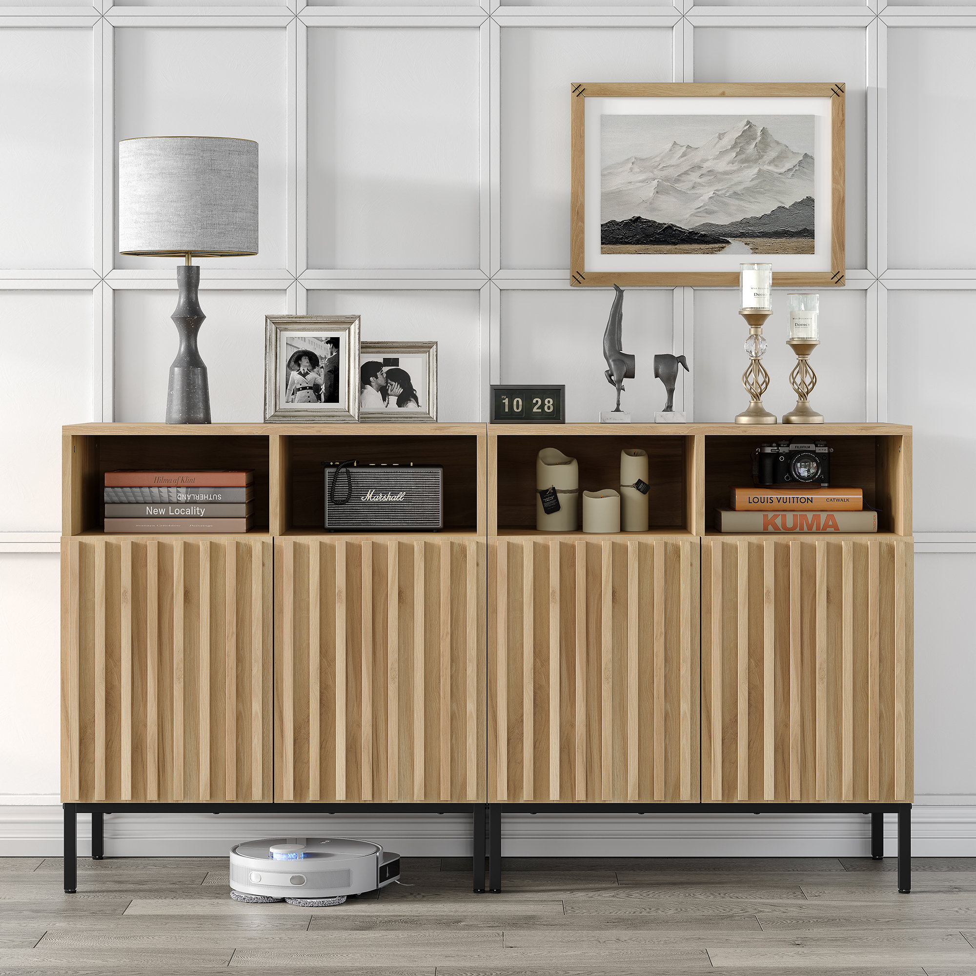 Ebern Designs 63" Reeded Sideboard with Adjustable Shelves and Open ...