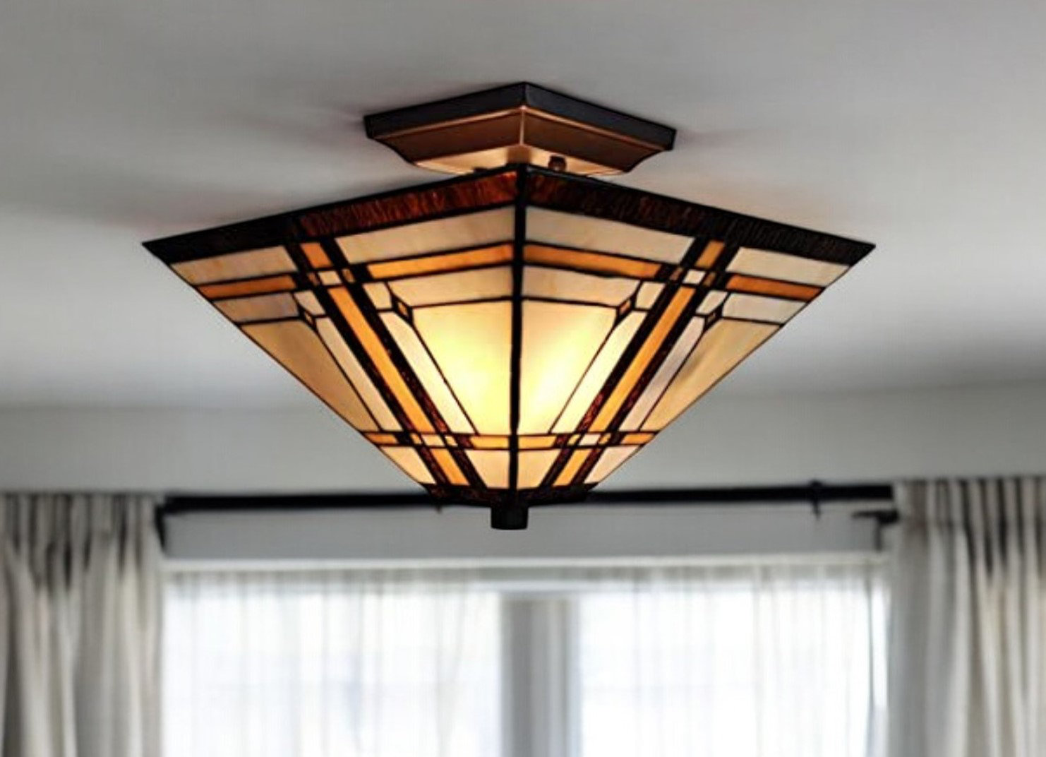 HomeRoots Brown and Amber Tiffany Style Mission Semi Flush Dimmable ...