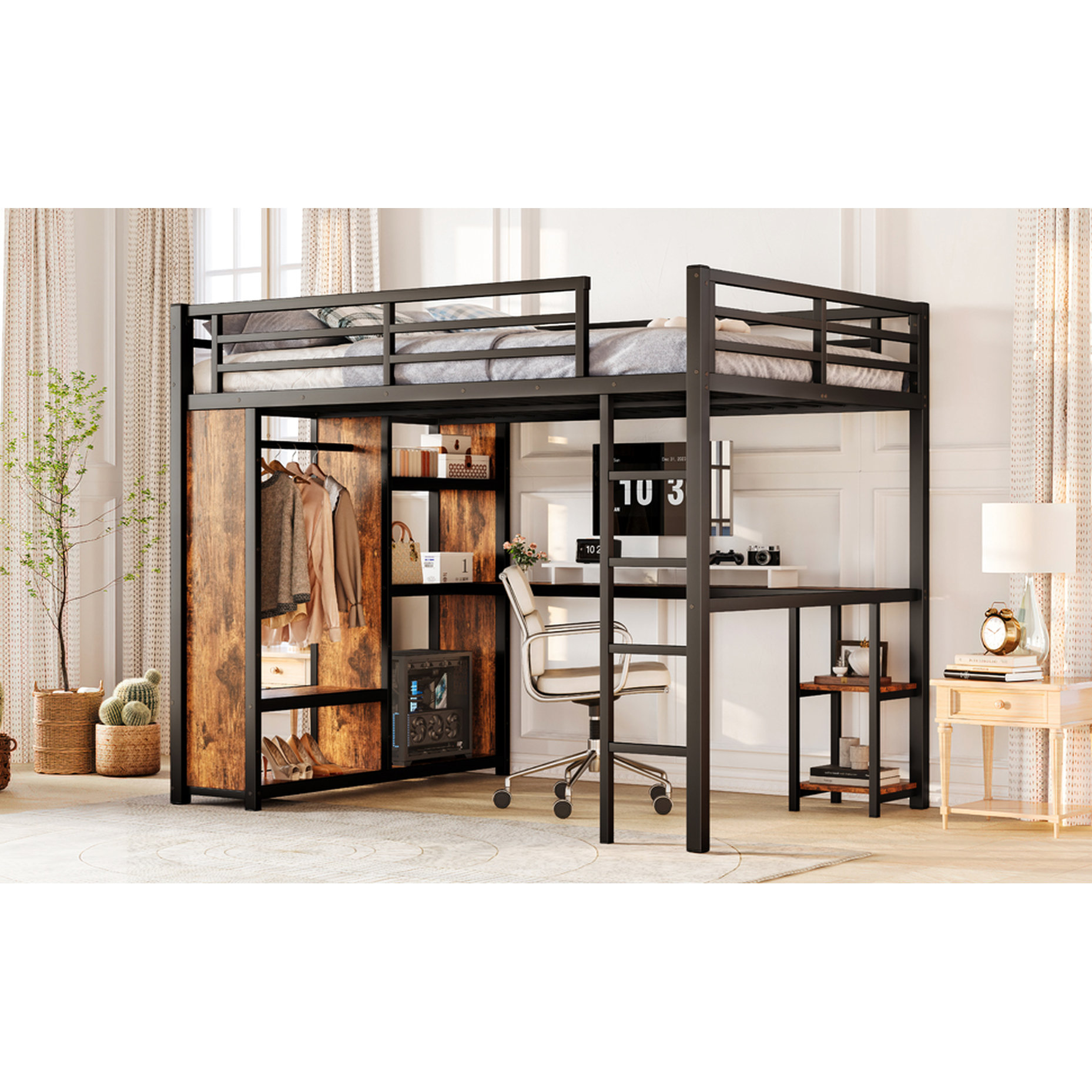 Latitude Run® Queen Metal Loft Bed, Black , Under - Bed Wardrobe, Desk ...