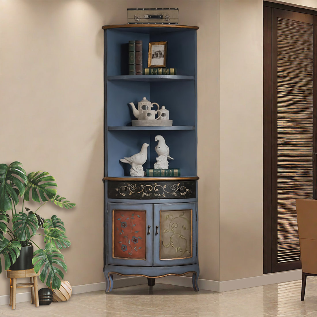 GINATOL Vintage Painted Wooden Triangular Bookcase. Corner Storage ...