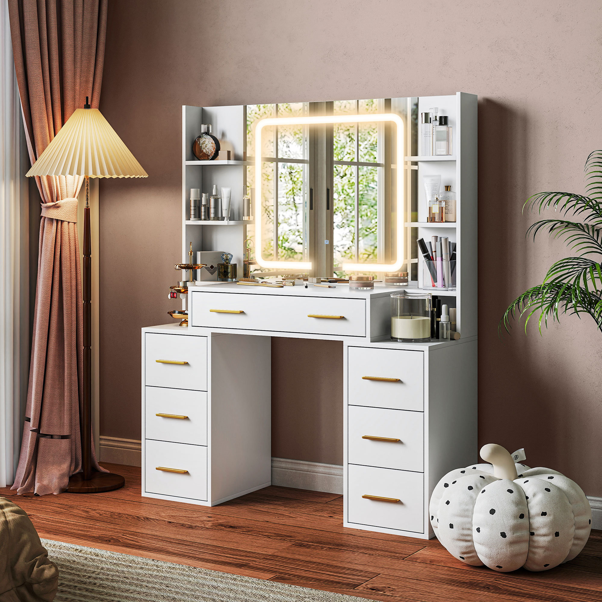 Ivy Bronx Makeup Vanity Desk with Mirror, 3 Colour LED, Drawers ...