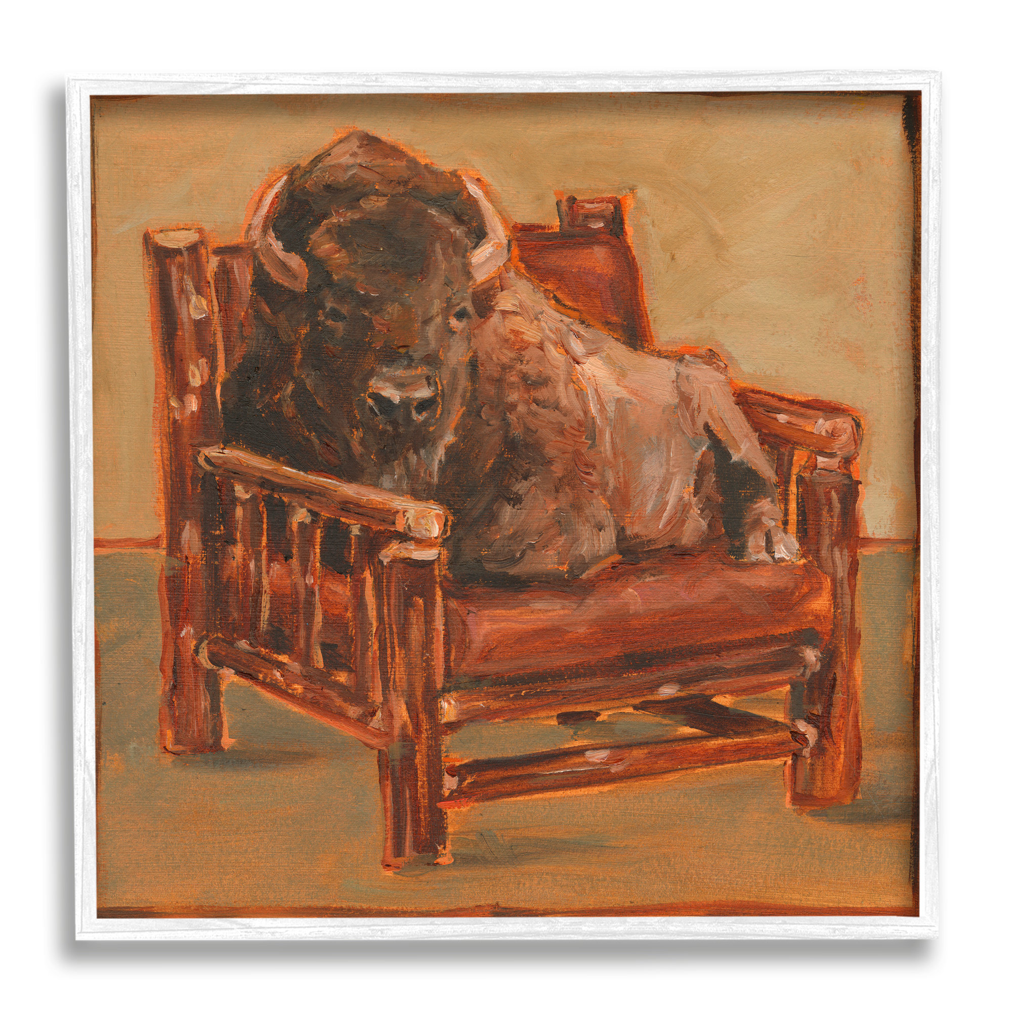 Stupell Industries Ba-324-Framed Bison Lounging In Chair Framed On Wood ...