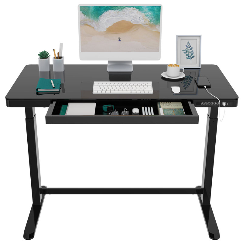 Inbox Zero Home Office Height Adjustable 48" Width Glass Top Standing ...