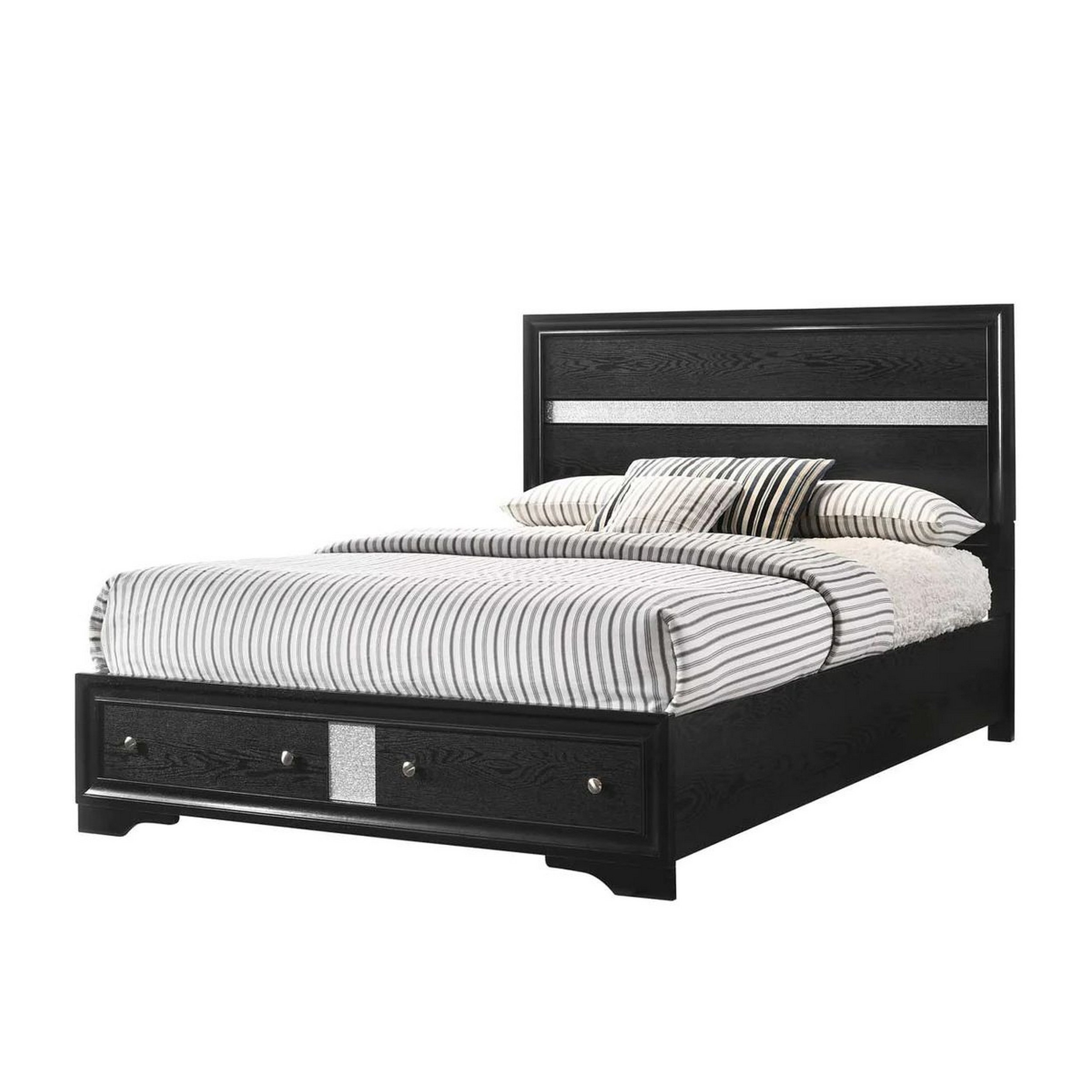 Benjara Regi King Size Bed, 2 Storage Drawers, Silver Striped Headboard ...