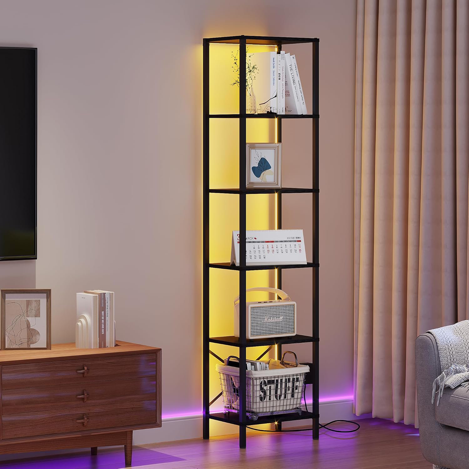 Ivy Bronx 6-Tier Bookshelf, Tall Narrow Bookcase with LED Lights, Book ...